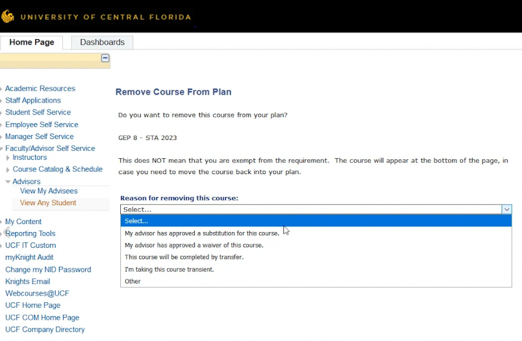 Remove a course from a student's plan - Faculty - Pegasus Path